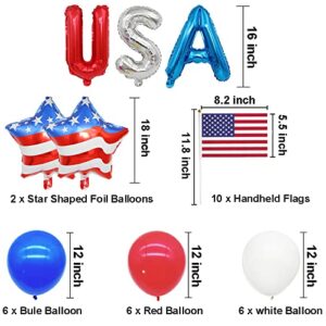 4th of July Decorations Patriotic Decorations Set - 53Pcs American Flag Party Supplies Including Paper Fans, Banner, Balloons, Hanging Swirl, Handheld Flags for Veterans Independence Day