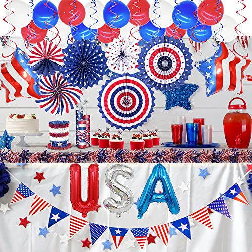 4th of July Decorations Patriotic Decorations Set - 53Pcs American Flag Party Supplies Including Paper Fans, Banner, Balloons, Hanging Swirl, Handheld Flags for Veterans Independence Day