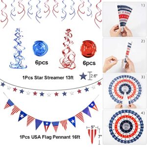 4th of July Decorations Patriotic Decorations Set - 53Pcs American Flag Party Supplies Including Paper Fans, Banner, Balloons, Hanging Swirl, Handheld Flags for Veterans Independence Day