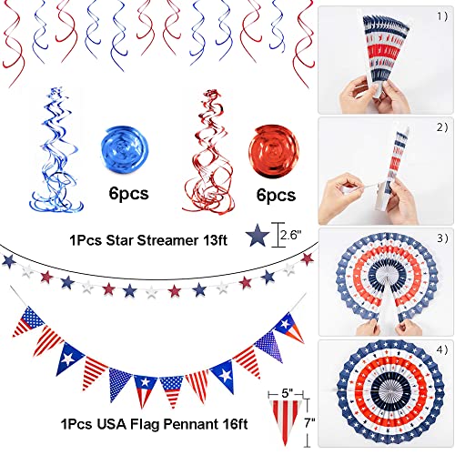 4th of July Decorations Patriotic Decorations Set - 53Pcs American Flag Party Supplies Including Paper Fans, Banner, Balloons, Hanging Swirl, Handheld Flags for Veterans Independence Day