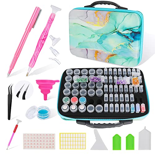 Kuangben Diamond Painting Storage Containers With70 Slots(30Cylinder+40Square Tube) Resin Diamond Painting Drill Pen,Stainless Steel Tweezer,Ceramic Precision Pen etc. Accessories Kits (Teal Marble)