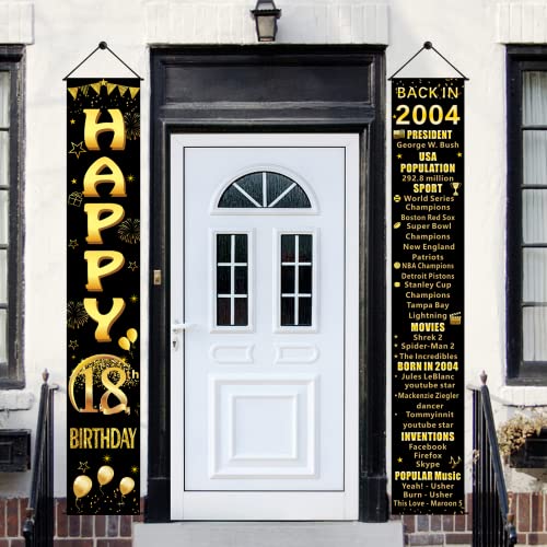 18th Birthday Door Banner Decorations for Boys & Girls, Black Gold Happy 18th Birthday Back in 2004 Sign Party Supplies, 18 years old Birthday Door Porch Decor