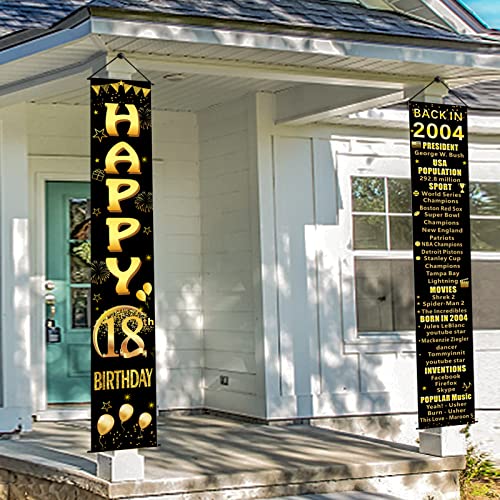 18th Birthday Door Banner Decorations for Boys & Girls, Black Gold Happy 18th Birthday Back in 2004 Sign Party Supplies, 18 years old Birthday Door Porch Decor