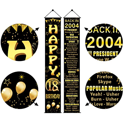 18th Birthday Door Banner Decorations for Boys & Girls, Black Gold Happy 18th Birthday Back in 2004 Sign Party Supplies, 18 years old Birthday Door Porch Decor