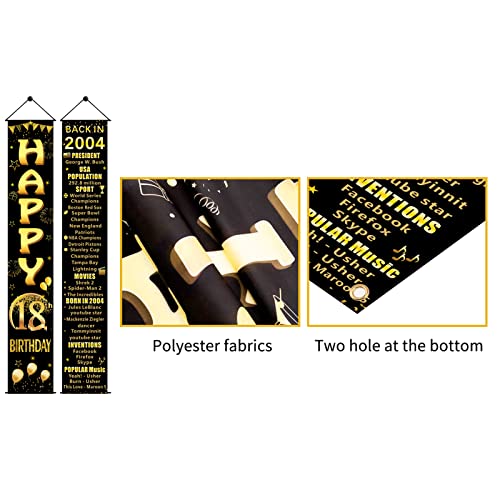 18th Birthday Door Banner Decorations for Boys & Girls, Black Gold Happy 18th Birthday Back in 2004 Sign Party Supplies, 18 years old Birthday Door Porch Decor