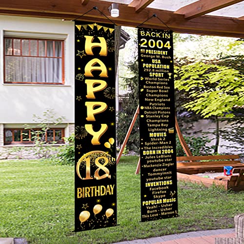 18th Birthday Door Banner Decorations for Boys & Girls, Black Gold Happy 18th Birthday Back in 2004 Sign Party Supplies, 18 years old Birthday Door Porch Decor