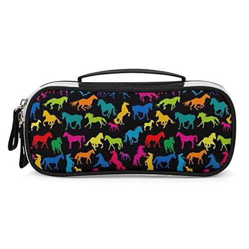 Colored Horses Silhouettes Printed Pencil Case Bag Stationery Pouch with Handle Portable Makeup Bag Desk Organizer