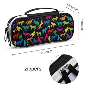 Colored Horses Silhouettes Printed Pencil Case Bag Stationery Pouch with Handle Portable Makeup Bag Desk Organizer