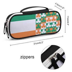 Ireland Flag Shamrock Clover Printed Pencil Case Bag Stationery Pouch with Handle Portable Makeup Bag Desk Organizer