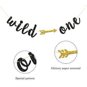 Black Glitter Wild One Banner with Arrow, Happy 1st Birthday Party Decorations, One Year Old Party Bunting Photo Props Party Supplies