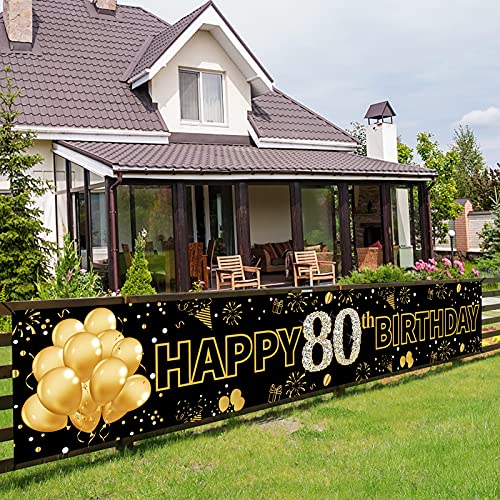 Pimvimcim Gold 80th Birthday Banner Backdrop Decorations for Women Men, Happy 80 Year Old Birthday Party Sign Supplies, Eighty Years Old Birthday Party Decor Photo Props(9.8 X 1.6 Ft)