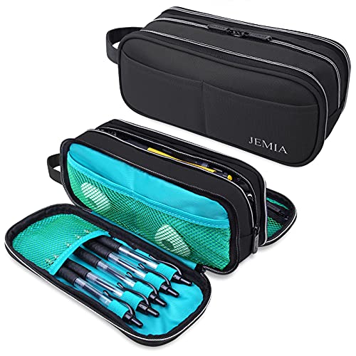 JEMIA Multi Compartments Collection 3 Independent Zipper Compartments with Handle Strap Pencil Case (Black, Polyester)