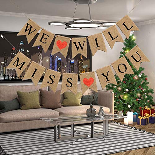 WE WILL MISS YOU Burlap Banners Decor（5.1X7.1INCH） Bunting Engagement｜ Marriage ｜Proposal Anniversary Party Decorations Supplies(MISS YOU)