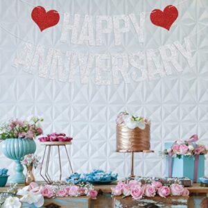 Happy Anniversary Banner, Silver Glitter Anniversary Sign, Wedding Anniversary Party Decorations Supplies Man Woman