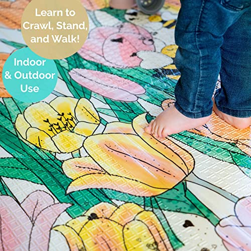 JumpOff Jo - Large Waterproof Foam Padded Play Mat for Infants, Babies, Toddlers, Play Pens & Tummy Time, Foldable Activity Mat, 70 in. x 59 in. - Tulip Fields