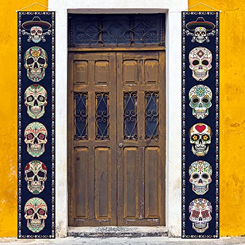 Jiudungs Day of The Dead Decoration Outdoor Dia De Los Muertos Sugar Skull Porch Sign Banner Halloween Mexican Theme Party Decor and Supplies for Home