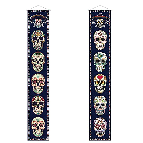 Jiudungs Day of The Dead Decoration Outdoor Dia De Los Muertos Sugar Skull Porch Sign Banner Halloween Mexican Theme Party Decor and Supplies for Home