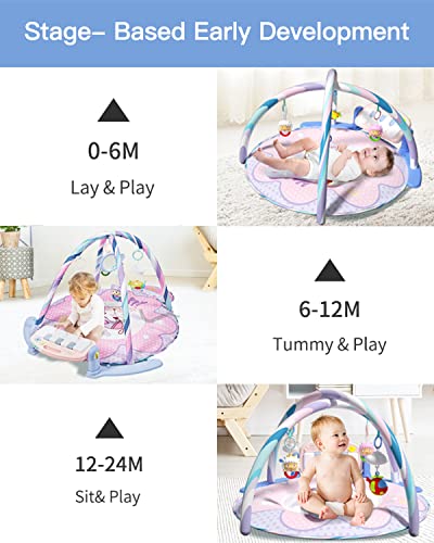 Baby Gym Play Mat,Musical Activity Center Kick Piano Gym Tummy Time Toys for Newborn Babies，Infant Toys Large Thickened and Non Slip Mat Washable (Pink)