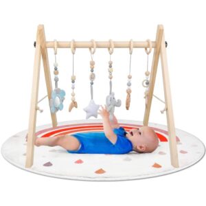 yssktc wooden baby play gym with mat, toddler activity gym with 6 hanging sensory toys & mirror, sturdy foldable baby play gym frame for tummy time mat, newborn gift for baby girls and boys gym