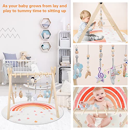 YSSKTC Wooden Baby Play Gym with Mat, Toddler Activity Gym with 6 Hanging Sensory Toys & Mirror, Sturdy Foldable Baby Play Gym Frame for Tummy Time Mat, Newborn Gift for Baby Girls and Boys Gym