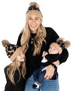 funky junque matching adult toddler infant pom hat – adult/toddler (single pom)/infant (double pom) – leopard – latte