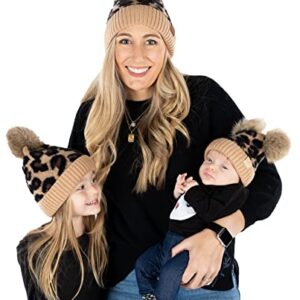 Funky Junque Matching Adult Toddler Infant POM Hat - Adult/Toddler (Single POM)/Infant (Double POM) - Leopard - Latte