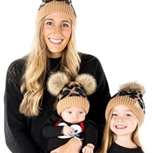 Funky Junque Matching Adult Toddler Infant POM Hat - Adult/Toddler (Single POM)/Infant (Double POM) - Leopard - Latte