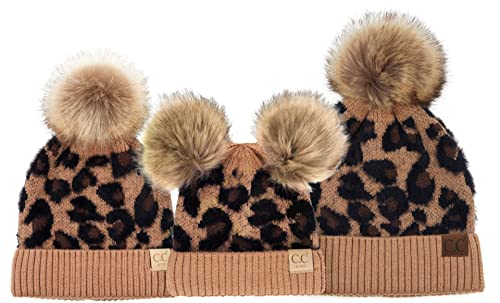 Funky Junque Matching Adult Toddler Infant POM Hat - Adult/Toddler (Single POM)/Infant (Double POM) - Leopard - Latte