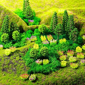 canlierr 51 pcs mini model trees flower cluster grass mat set, 32 vegetation groups 15 mixed miniature 4 artificial fake turf, train railroad park scenery for diy crafts, building model, landscape