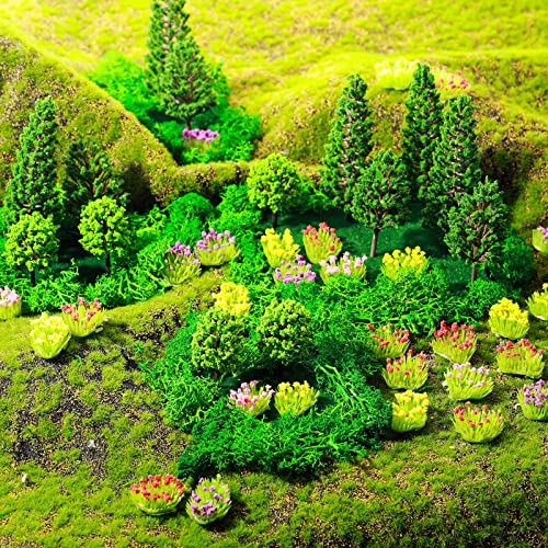 Canlierr 51 Pcs Mini Model Trees Flower Cluster Grass Mat Set, 32 Vegetation Groups 15 Mixed Miniature 4 Artificial Fake Turf, Train Railroad Park Scenery for DIY Crafts, Building Model, Landscape