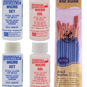 Micro Scale Decal Setting Solution, Micro Set MI1 and Micro Sol MI2, Two Bottles of Each with Make Your Day Paintbrush Set