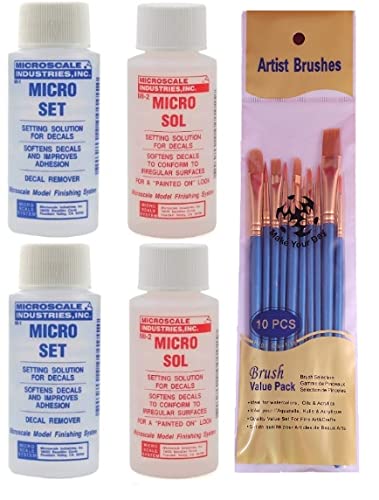 Micro Scale Decal Setting Solution, Micro Set MI1 and Micro Sol MI2, Two Bottles of Each with Make Your Day Paintbrush Set