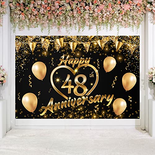 Happy 48th Anniversary Backdrop Banner Decor Black Gold – Glitter Love Heart Happy 48 Years Wedding Anniversary Party Theme Decorations for Women Men Supplies 3.9x5.9 ft