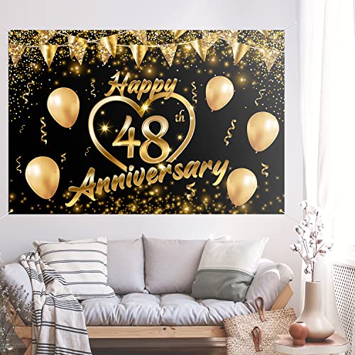 Happy 48th Anniversary Backdrop Banner Decor Black Gold – Glitter Love Heart Happy 48 Years Wedding Anniversary Party Theme Decorations for Women Men Supplies 3.9x5.9 ft