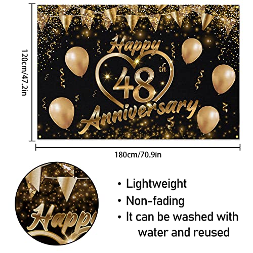 Happy 48th Anniversary Backdrop Banner Decor Black Gold – Glitter Love Heart Happy 48 Years Wedding Anniversary Party Theme Decorations for Women Men Supplies 3.9x5.9 ft