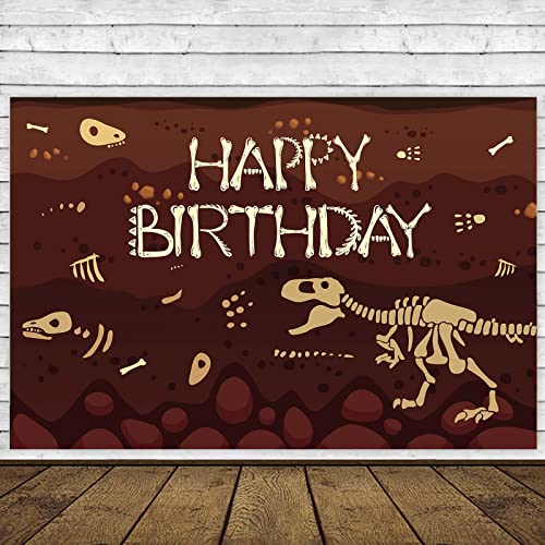 Dinosaur Tyrannosaurus Rex Fossil Happy Birthday Banner Backdrop Animal Dino T-REX Fossil Bones Theme Decorations Decor for Paleontology Party Birthday Party Supplies Background Photo Booth Props