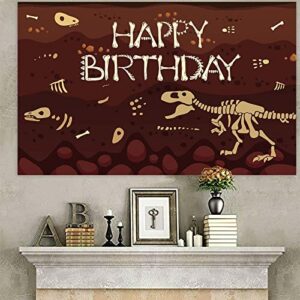 Dinosaur Tyrannosaurus Rex Fossil Happy Birthday Banner Backdrop Animal Dino T-REX Fossil Bones Theme Decorations Decor for Paleontology Party Birthday Party Supplies Background Photo Booth Props