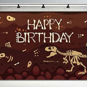 Dinosaur Tyrannosaurus Rex Fossil Happy Birthday Banner Backdrop Animal Dino T-REX Fossil Bones Theme Decorations Decor for Paleontology Party Birthday Party Supplies Background Photo Booth Props