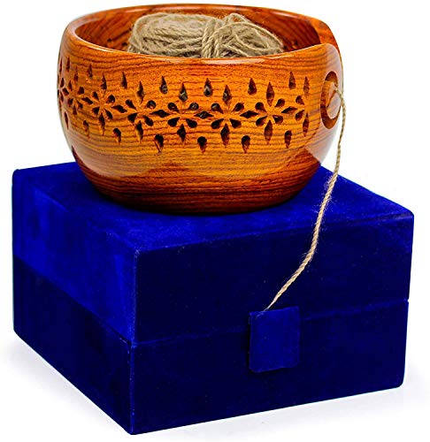 Nagina International Velvety Premium Selected Rosewood Yarn Storage Bowl Aka Dispenser for Knitting & Crocheting in Secured Velvet Pouched Case (Large)