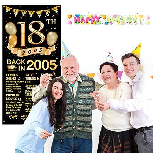 18th Birthday Door Cover Banner Decorations, Black Gold Happy 18th Birthday Door Cover Party Supplies, Large Eighteen Year Old Birthday Poster Backdrop Sign Decor