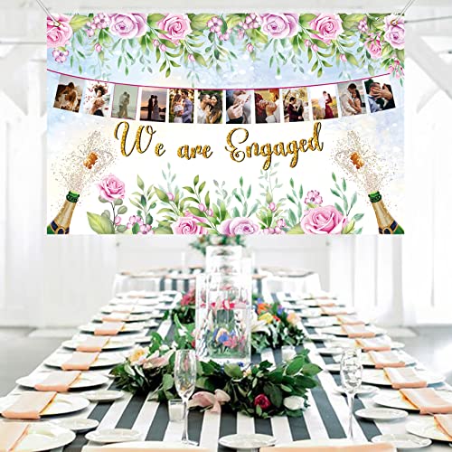 MEFENG Personalized We are Engaged Backdrop Banner Flower Engagement Decorations Bridal Shower Party Backdrop Engaged Ceremony Supplies Photo Booth Props Background with Customized Picture