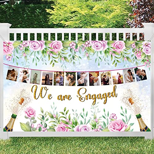 MEFENG Personalized We are Engaged Backdrop Banner Flower Engagement Decorations Bridal Shower Party Backdrop Engaged Ceremony Supplies Photo Booth Props Background with Customized Picture