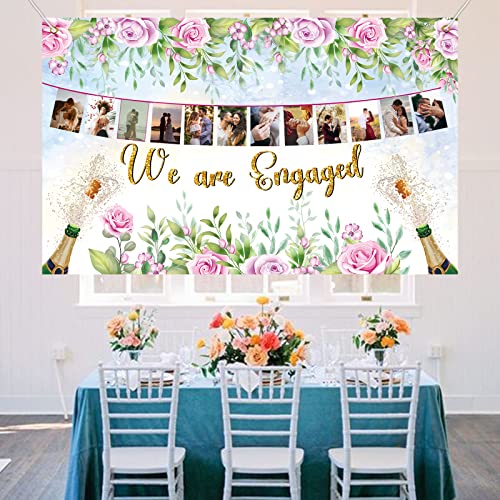 MEFENG Personalized We are Engaged Backdrop Banner Flower Engagement Decorations Bridal Shower Party Backdrop Engaged Ceremony Supplies Photo Booth Props Background with Customized Picture