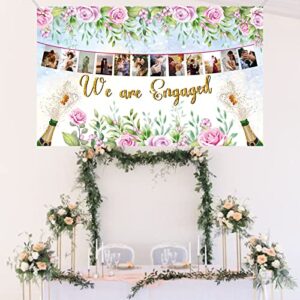 MEFENG Personalized We are Engaged Backdrop Banner Flower Engagement Decorations Bridal Shower Party Backdrop Engaged Ceremony Supplies Photo Booth Props Background with Customized Picture