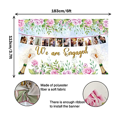 MEFENG Personalized We are Engaged Backdrop Banner Flower Engagement Decorations Bridal Shower Party Backdrop Engaged Ceremony Supplies Photo Booth Props Background with Customized Picture