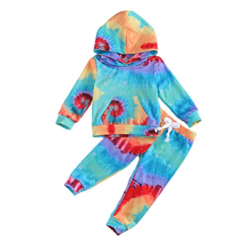 Toddler Baby Girl Boy Tie Dye Clothes Hoodie Long Sleeve Sweatshirt Top Drawstring Pants 2PCS Fall Winter Outfit Set (Tye Die Blue+Yellow, 2-3 T)