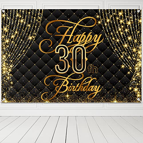 Happy 30th Birthday Banner Backdrop Royal Curtain Decorations Black Gold Background 30 Years Old Bday for Women Men Photography Party Decor Supplies