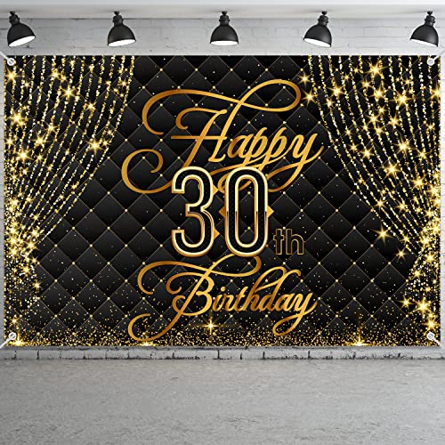 Happy 30th Birthday Banner Backdrop Royal Curtain Decorations Black Gold Background 30 Years Old Bday for Women Men Photography Party Decor Supplies