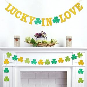 whaline 2pcs st. patrick’s day banner glitter gold green lucky shamrock clover hanging bunting garland diy irish style banner for party home office mantel fireplace wall decoration