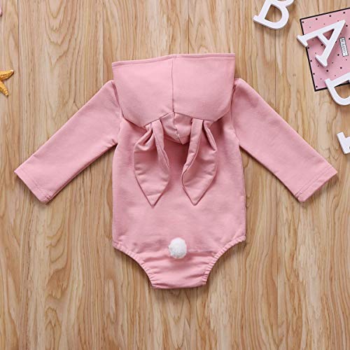 Newborn Baby Boys Girls Bunny Hooded One Piece Romper Easter Rabbit Ears Long Sleeves Jumpsuit with Pocket (Pink, 6-12m)